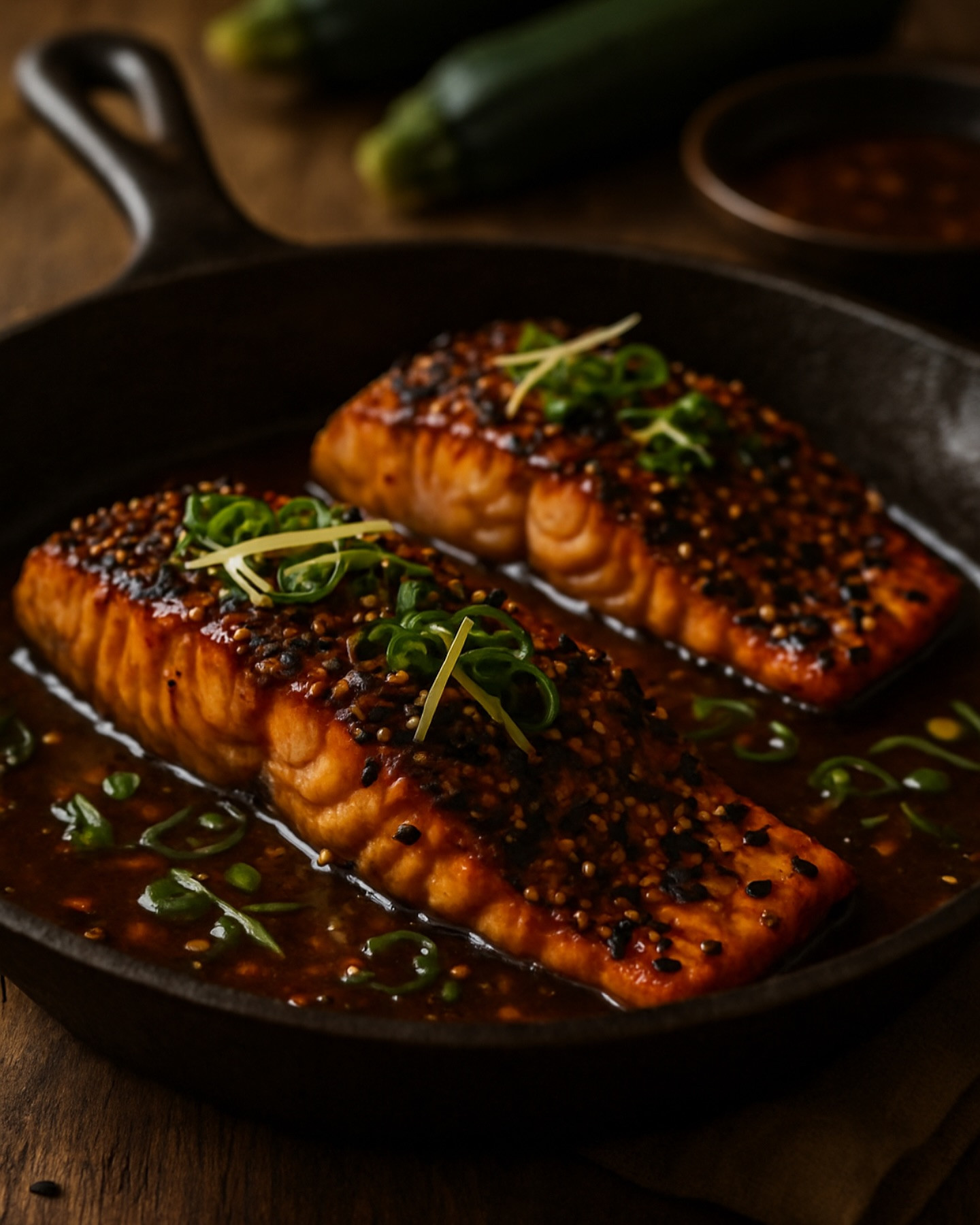 Sesame-Crusted Salmon with Miso-Teriyaki Glaze and Scallion-Ginger Drizzle
