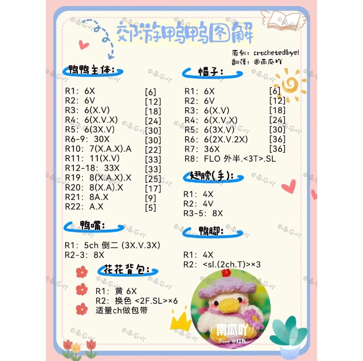 Crochet Tutorial Pattern for Cute White Duck with Purple Hat and Flower ...