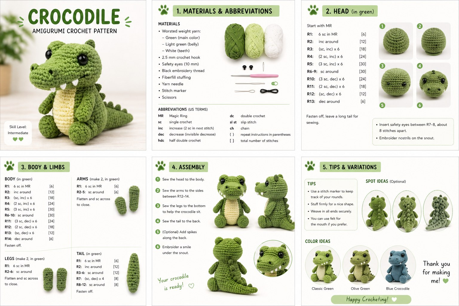 Crocodile Amigurumi Crochet Pattern Tutorial: Green Yarn Doll with Full ...