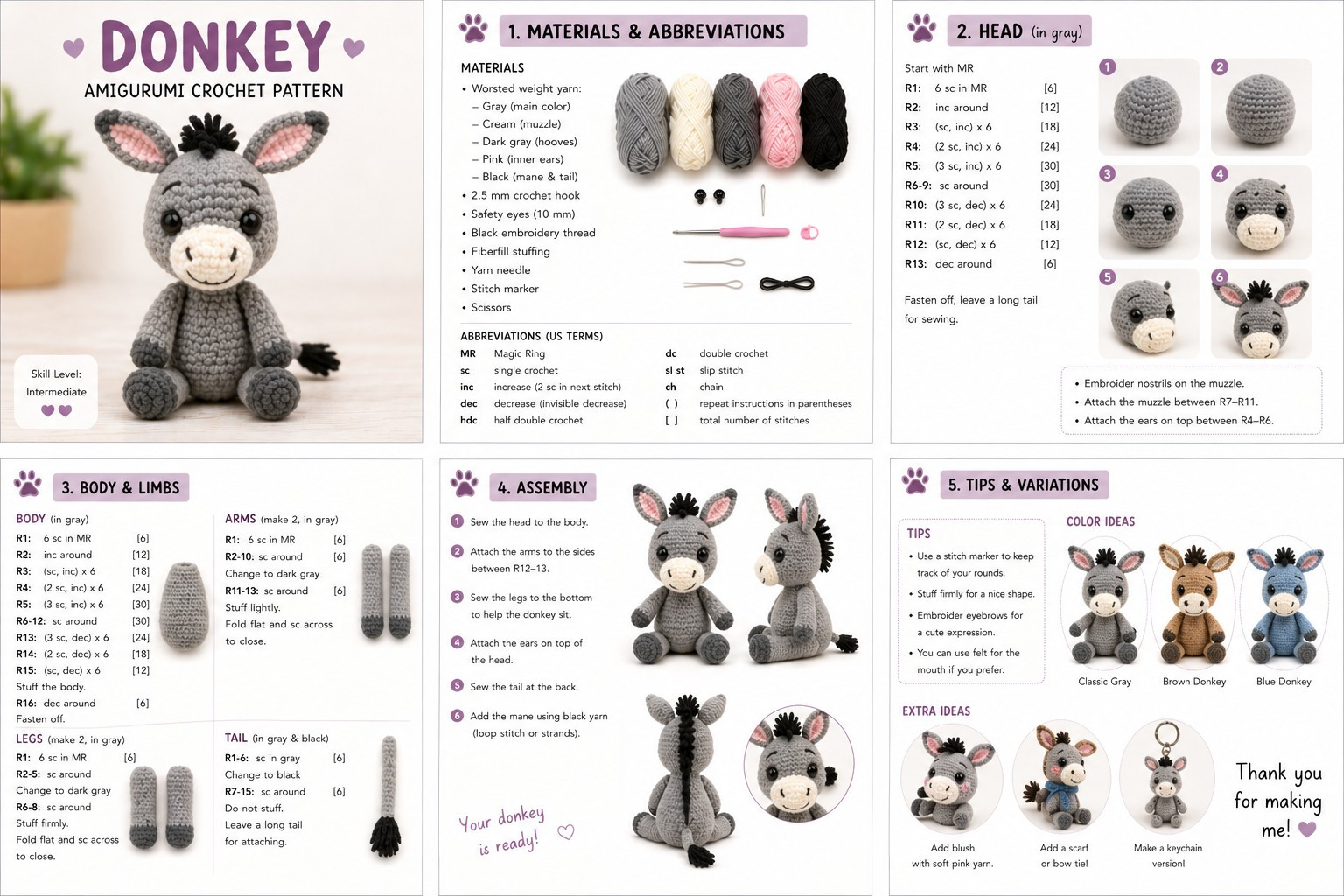 Cute Donkey Amigurumi Crochet Pattern: Complete Tutorial with Materials ...