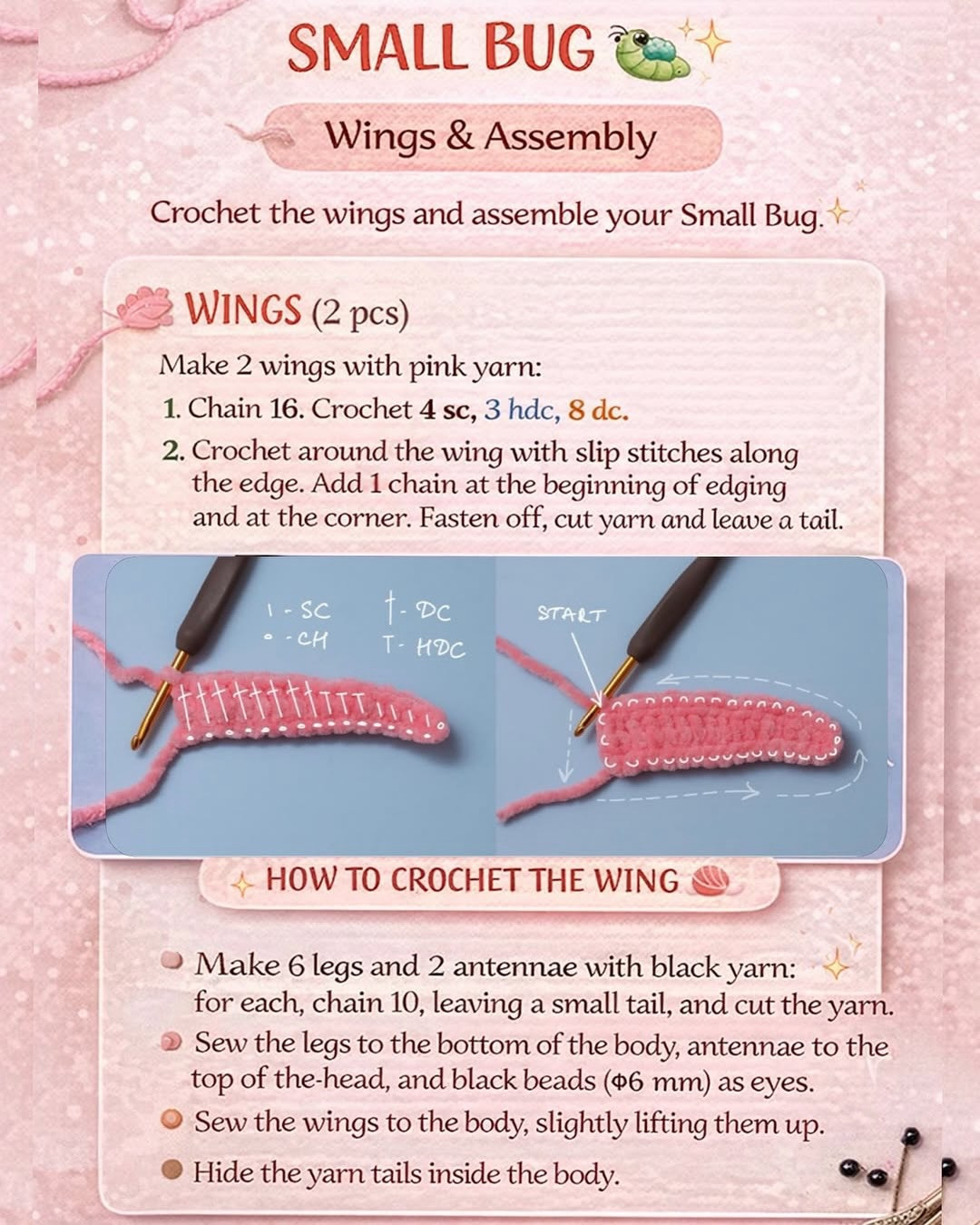 Small Bug free mini crochet pattern: cute amigurumi bug with pink wings ...